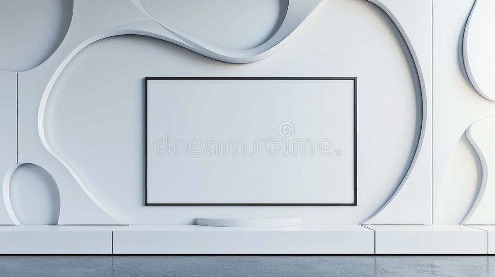 A Stylish Media Wall with a Blank Screen LCD, Set Against a White Panel ...