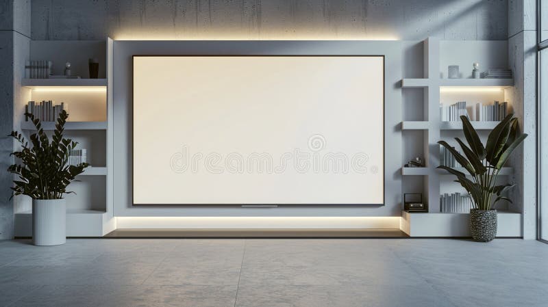 A Stylish Media Wall with a Blank Screen LCD, Surrounded by Minimalist ...