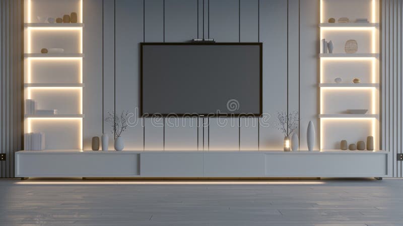 A Stylish Media Wall with a Blank Screen LCD, Surrounded by Minimalist ...