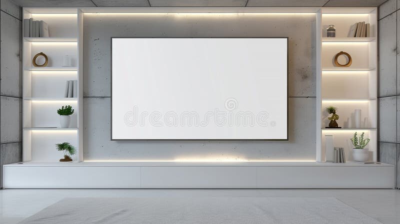 A Stylish Media Wall with a Blank Screen LCD, Surrounded by Minimalist ...