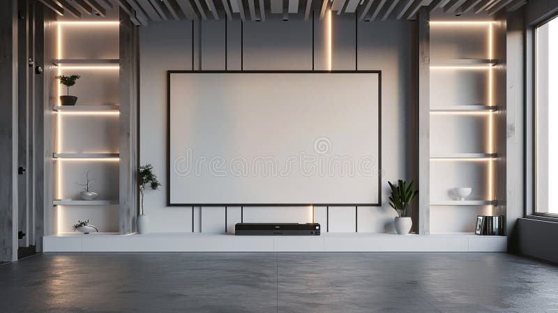 A Stylish Media Wall with a Blank Screen LCD, Surrounded by Minimalist ...