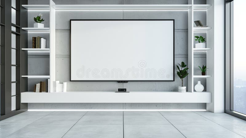 A Stylish Media Wall with a Blank Screen LCD, Surrounded by Minimalist ...