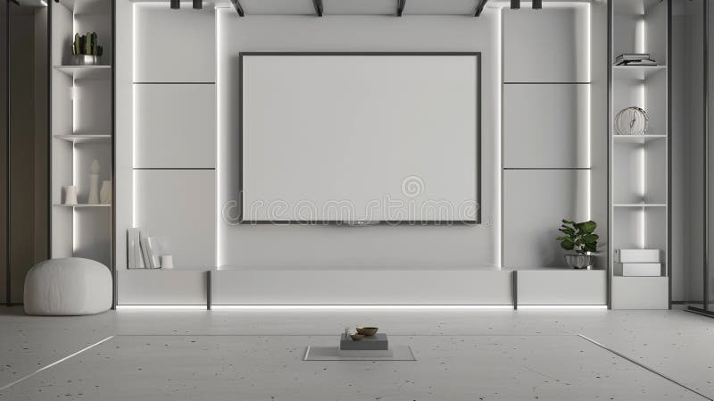 A Stylish Media Wall with a Blank Screen LCD, Surrounded by Minimalist ...