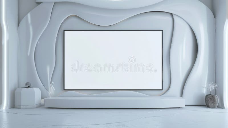 A Stylish Media Wall with a Blank Screen LCD, Surrounded by a White ...