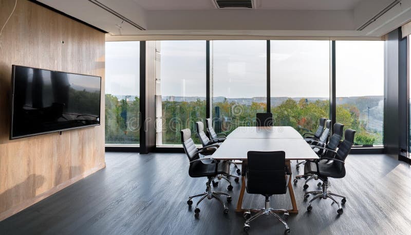 Stylish Meeting Interior with Table and Chairs, Tv Screen and Panoramic ...