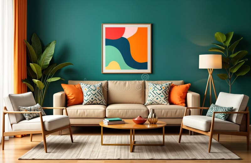 Stylish Mid-century Modern Living Room Features Beige Sofa with Bold ... Stylish Mid-century Modern Living Room Features Beige Sofa with Bold ...