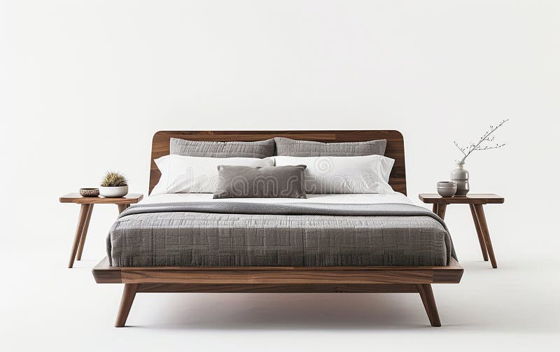 Stylish Mid-Century Modern Platform Bed on Clean White Surface ...