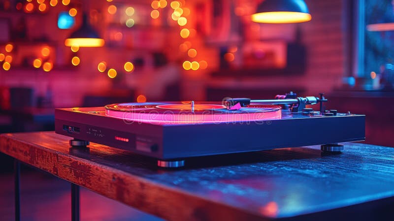 Stylish Mid Century Record Player with Vibrant Lighting in Cozy Setting ...