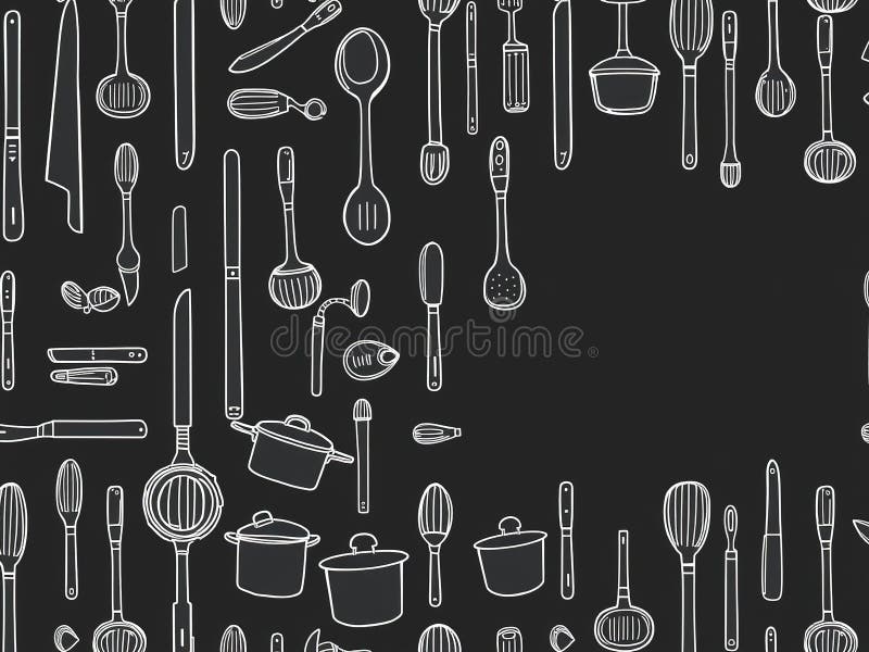 Stylish and Minimalist Black and White Cooking Utensil Line Art Pattern ...