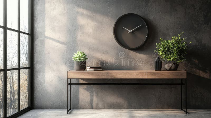 Modern Minimalist Console Table Decor with Plants and Clock Stock Illustration - Illustration of ...