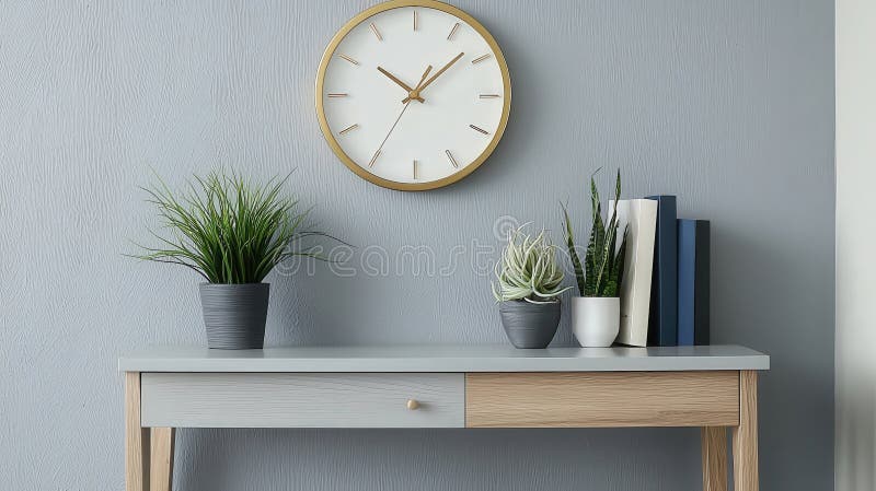 Modern Minimalist Home Decor Console Table with Clock and Plants Stock Illustration ...