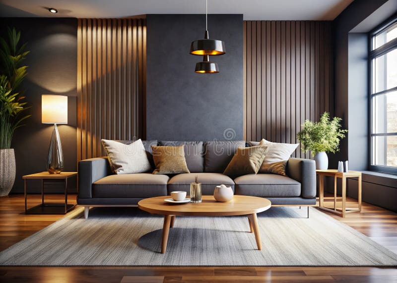 Stylish Minimalist Living Room with Dramatic Black Accent Wall a ...