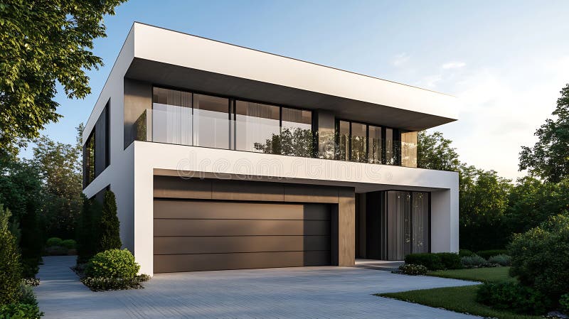 Stylish Minimalist Villa with Multi Level Windows and Modern Garage ...