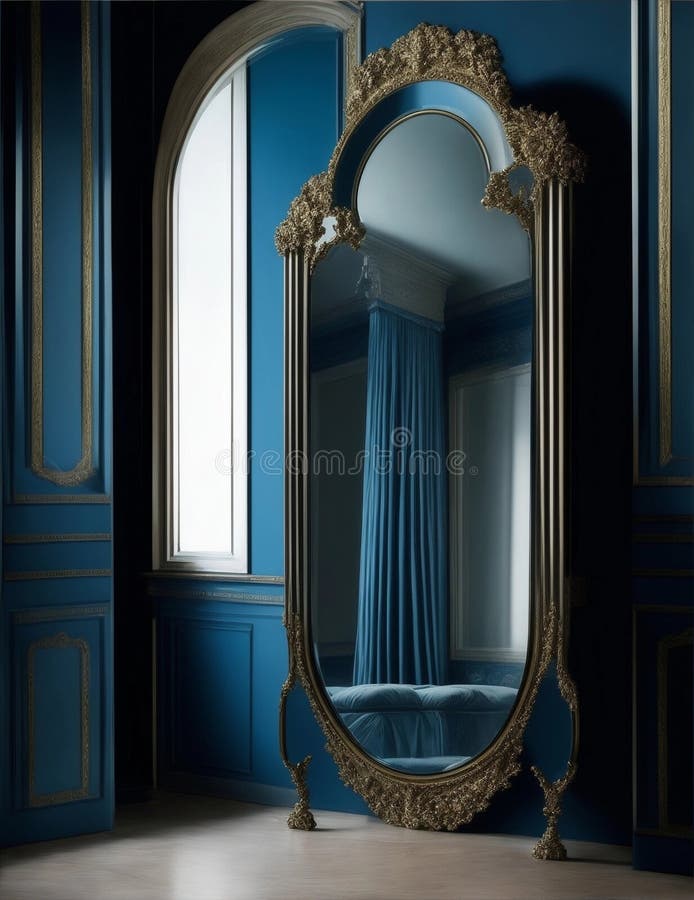Stylish Mirror with Gold Frame in a Dark Blue Room Illustration Stock ...