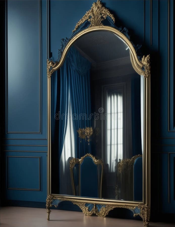 Stylish Mirror with Gold Frame in a Dark Blue Room Illustration Stock ...