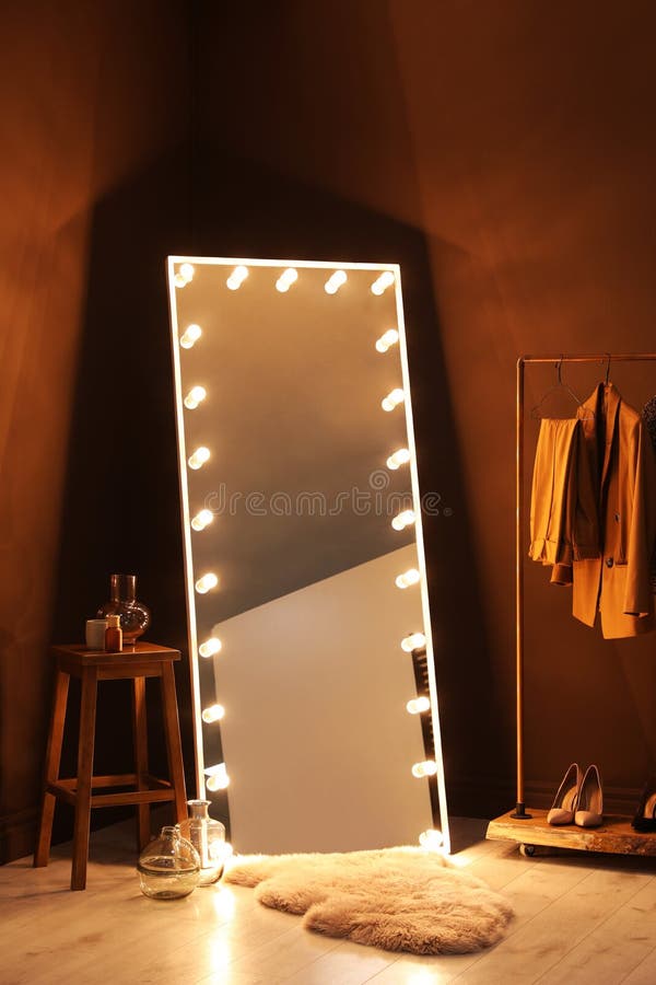 Stylish Mirror with Light Bulbs in Dressing Room. Interior Design Stock ...