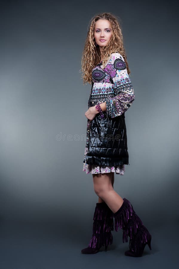 Stylish Model in Motley Dress Stock Photo - Image of blonde, grey: 12128358