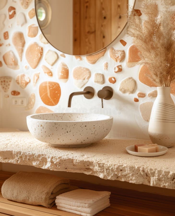 Modern Bathroom with Terracotta Wall, Rustic Concrete Sink, and ...