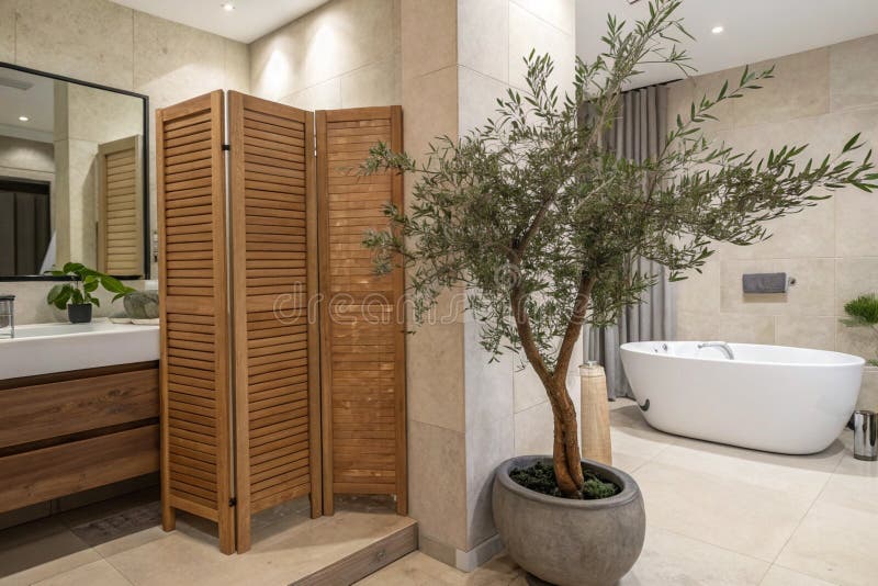 Modern Bathroom with Wooden Folding Screen and Olive Tree Stock ...