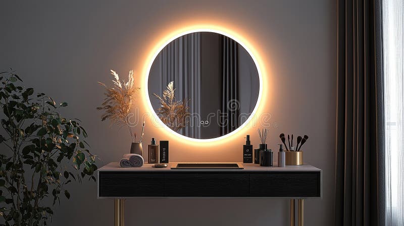 Elegant Smart Vanity Setup Featuring AI-powered Mirror with Warm ...