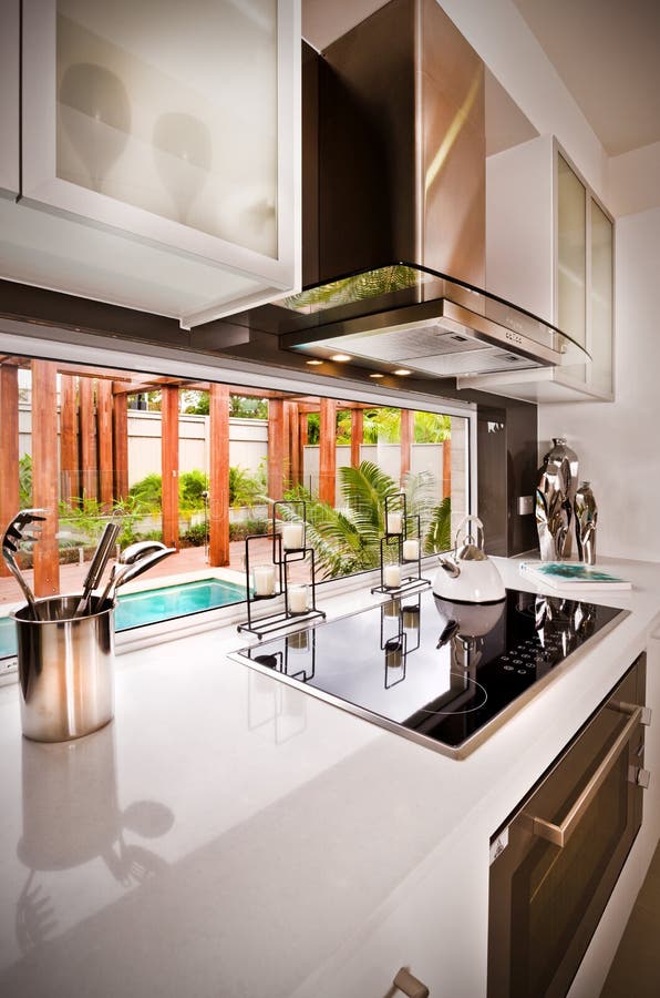 A Stylish Beautiful Kitchen with Living Room Attached Stock Photo ...