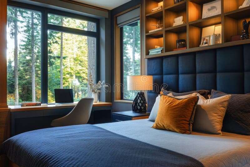 A Stylish Modern Bedroom Featuring a Comfortable Bed and a Functional ...