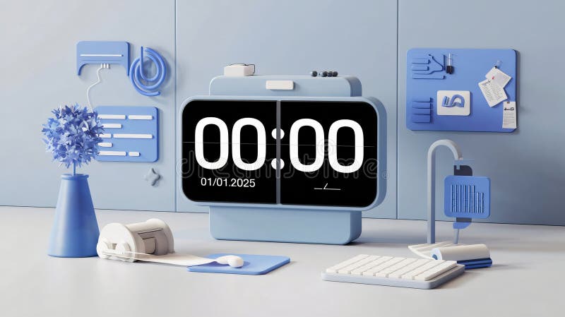 Modern Blue Desk Setup with Flip Clock 2025 New Year AI Generated ...