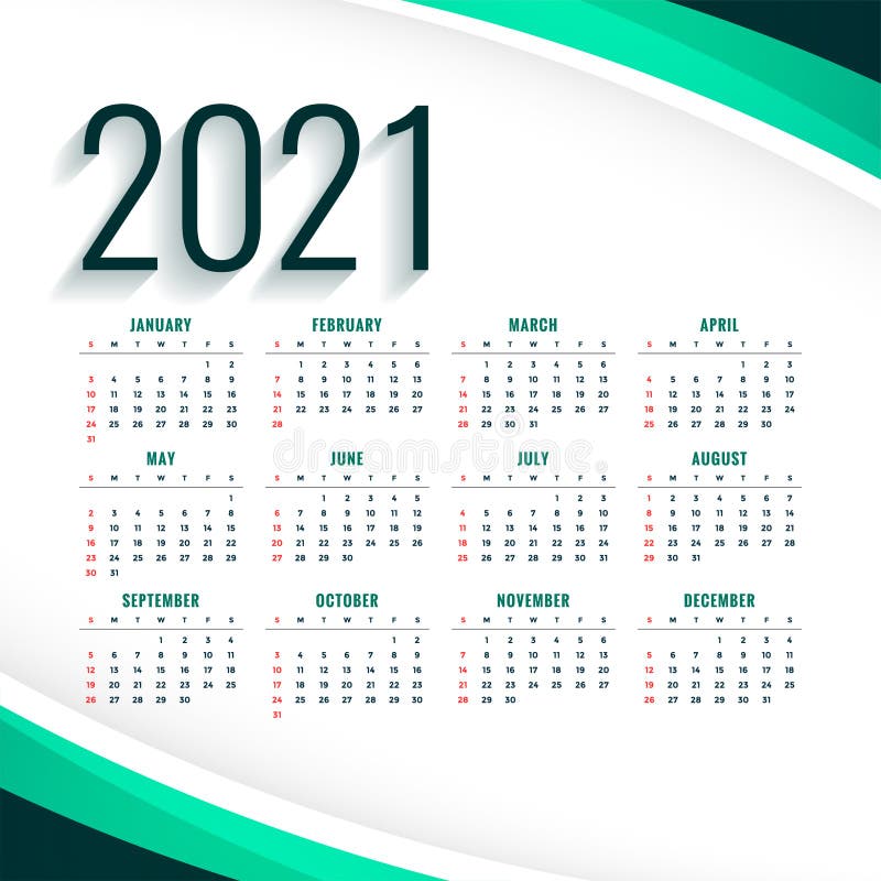 Stylish 2021 Modern Calendar Design Template in Turquoise Color Stock ...