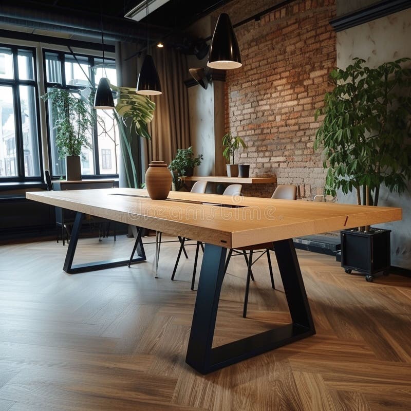 Stylish Modern Conference Table in a Cozy, Industrial-style Workspace ...
