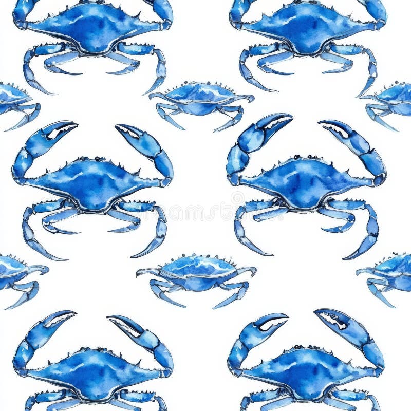Stylish Modern Continuous Underwater Pattern with Watercolor Blue Crabs ...