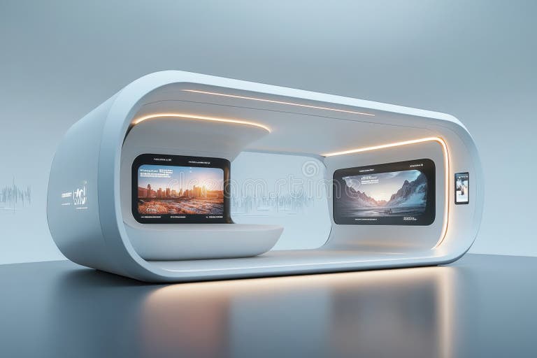 Stylish Modern Display Pod with Interactive Screens and Natural Scenery ...