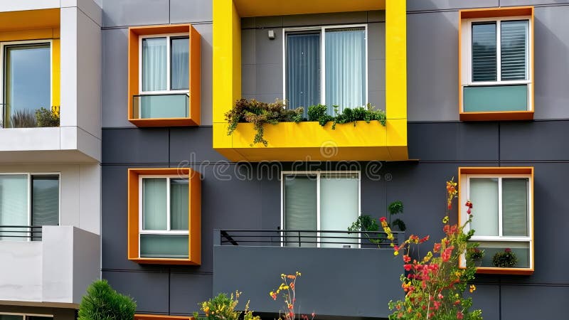 A Modern Apartment Facade with Vibrant Windows, Surrounded by Lush ...