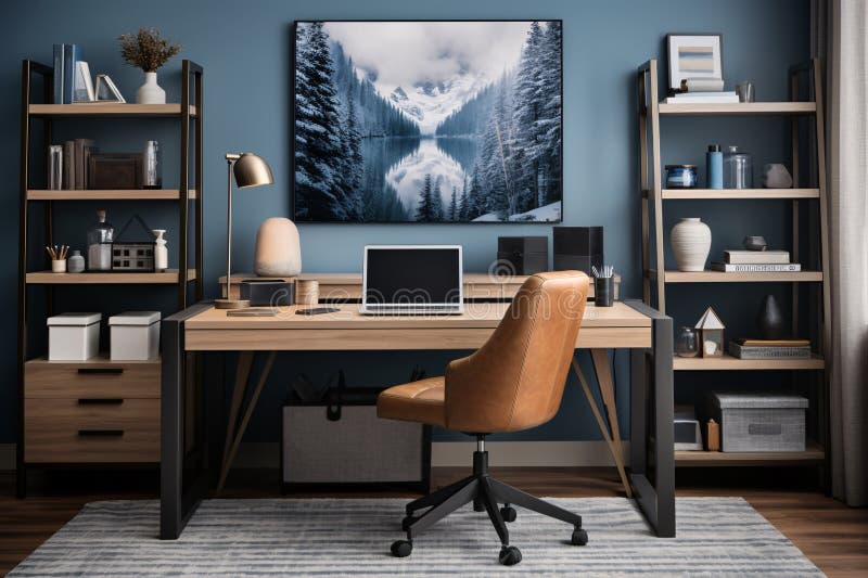 Stylish Modern Home Office Interior Design, Blue Colour Office ...