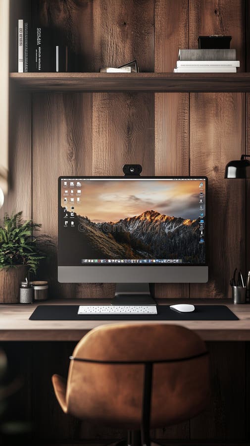 Modern Home Office Workspace Setup with IMac Mountain View Desktop Dark ...