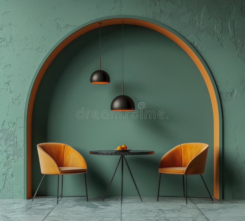 Modern Interior with Arch-shaped Door Frame, Chairs, and Table Stock ...