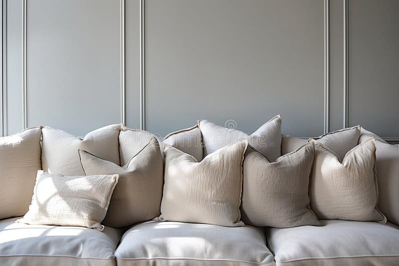 Stylish Modern Interior Featuring a Plush Sofa Adorned with Numerous ...