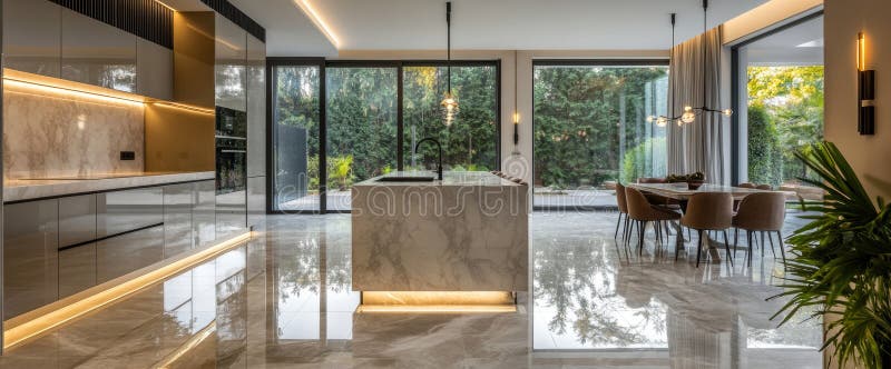 This Stylish Modern Kitchen Features a Spacious Layout with Marble ...