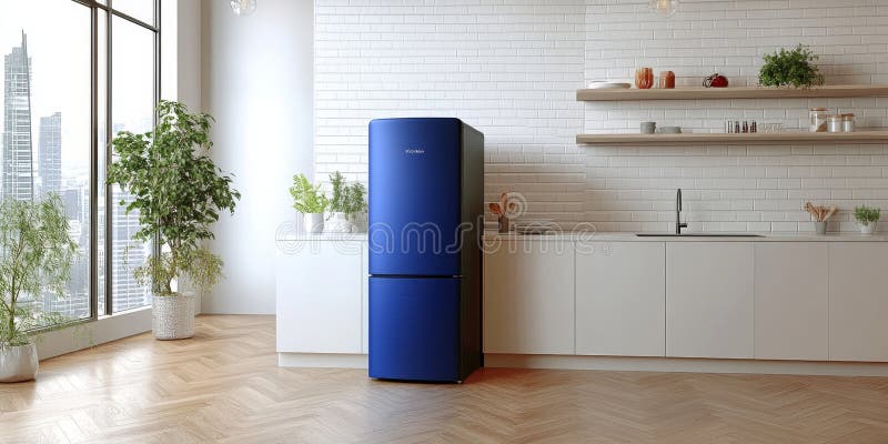 Stylish and Modern Kitchen Featuring a Bright Blue Refrigerator in a ...