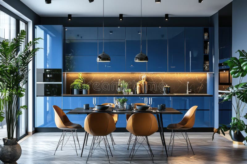 Elegant Modern Kitchen with Blue Cabinets and Dining Area Stock Image ...