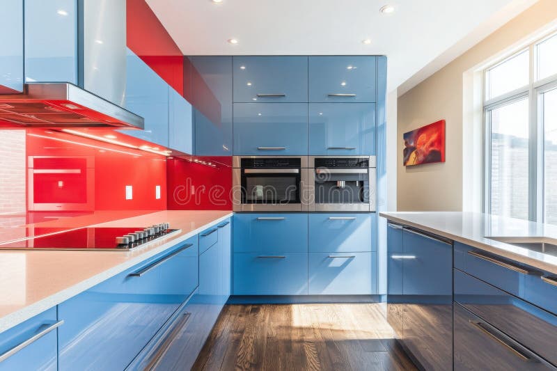 A Stylish Modern Kitchen with Glossy Blue Cabinets and a Vibrant Red ...