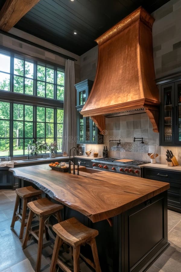 Stylish Modern Kitchen Island with a Wood Counter and Suspended ...