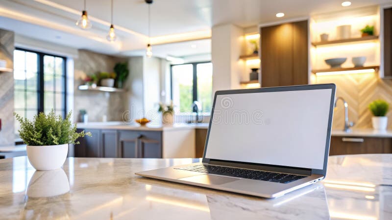 Stylish Modern Kitchen Laptop Mockup White Screen on Marble Surface for ...