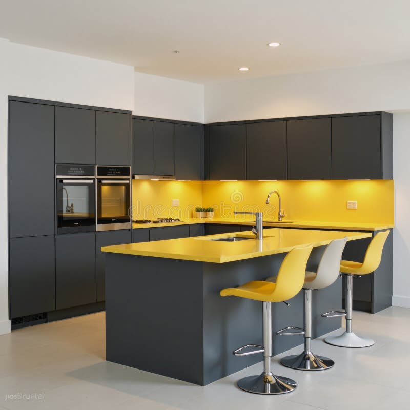 Stylish Modern Kitchen with Yellow and Gray Color Scheme Stock ...