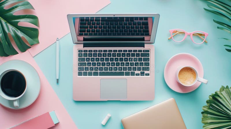 Pink Laptop Workspace Coffee Flatlay Minimalist Design Pen Cup Blue ...
