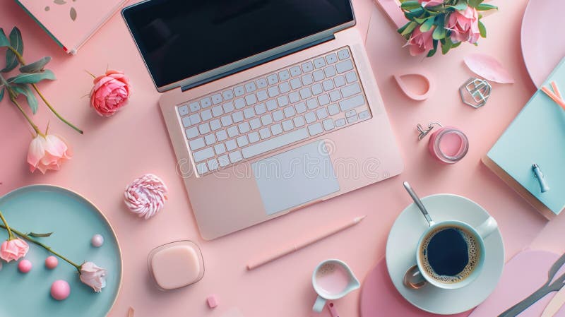 Pink Laptop Workspace Aesthetic Flatlay Feminine Design Desk Rose Soft ...