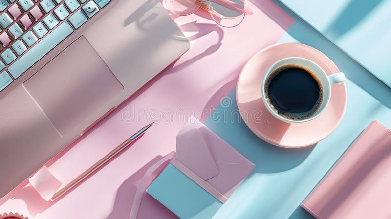 Pastel Pink Workspace Laptop Coffee Minimalist Design Pen Cup Desk Rose ...