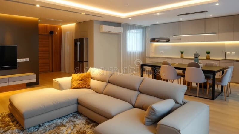 Modern Living Room with Cozy Sectional Sofa, Warm Ambient Lighting, and ...