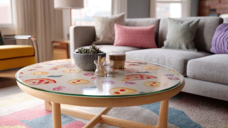 Stylish Modern Living Room with Unique Pizza-themed Glass Table Surface ...