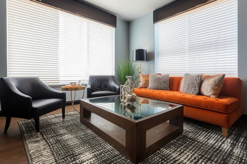 Stylish, Modern Lounge Area with Plush Seating and Glass Coffee Table ...