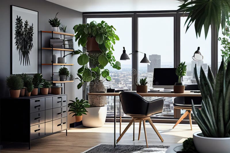 A Stylish and Modern Office with a View of the City, Featuring a ...
